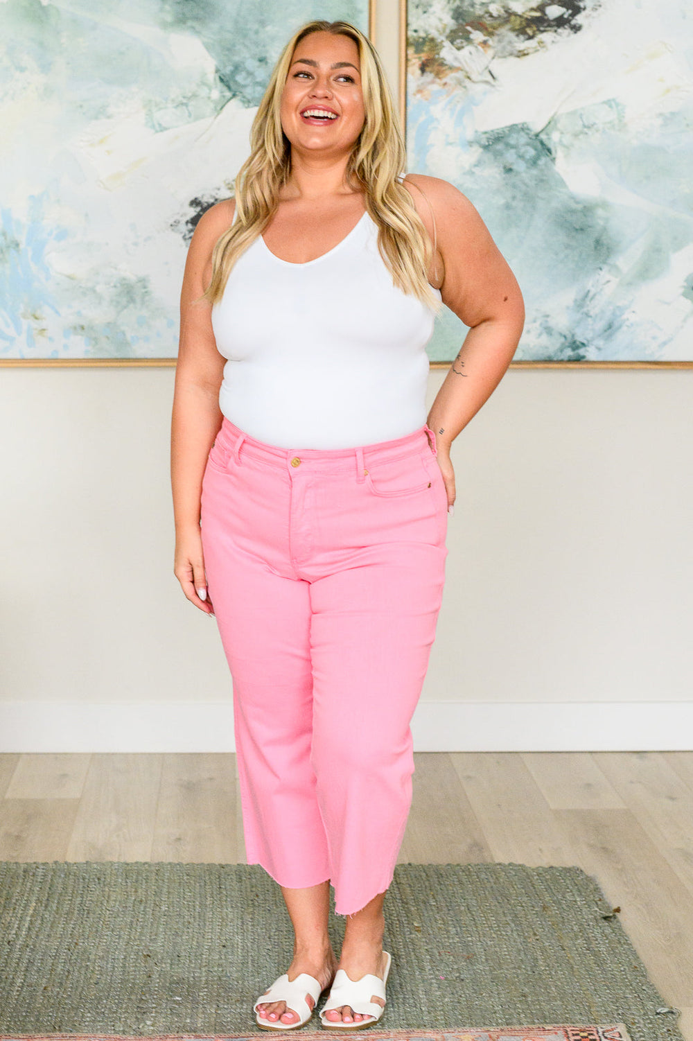 Judy Blue Lisa High Rise Control Top Wide Leg Crop Jeans in Pink ...