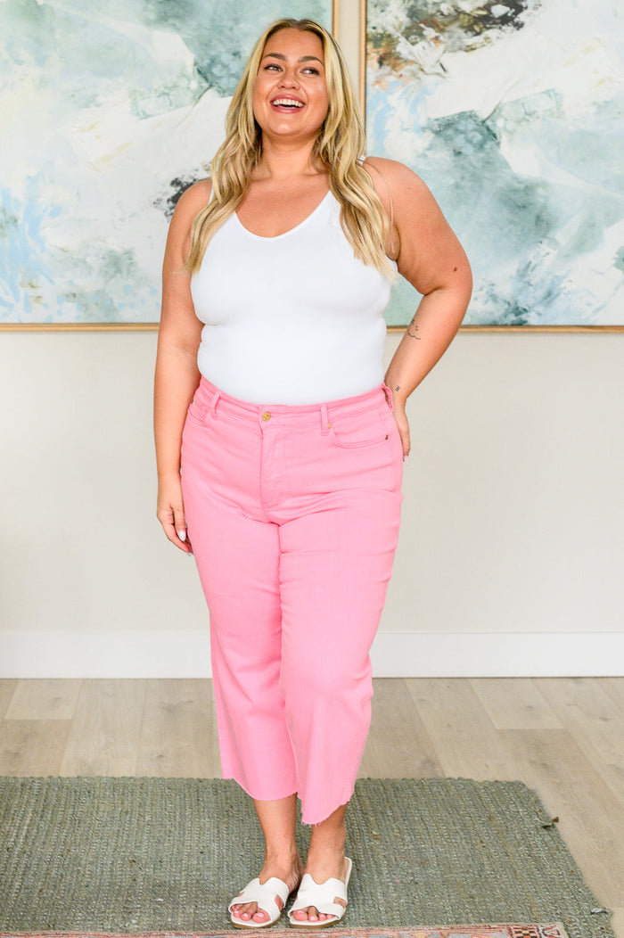 Judy Blue Lisa High Rise Control Top Wide Leg Crop Jeans in Pink ...